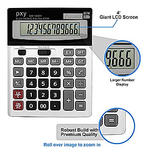 Desk Calculator 12 Digit Extra Large LCD Display, Touch Comfortable with Big Buttons, PXY Two Way Power Battery and Solar Standard Function Office Calculators