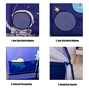Happy Tent Space Stars Bed Tents for Kids Portable Play Game House Boys Girls Breathable Cottage DIY Inner Pocket Sleeping Toddlers Playhouse with Double Net Curtain & Carry Bag (Blue)