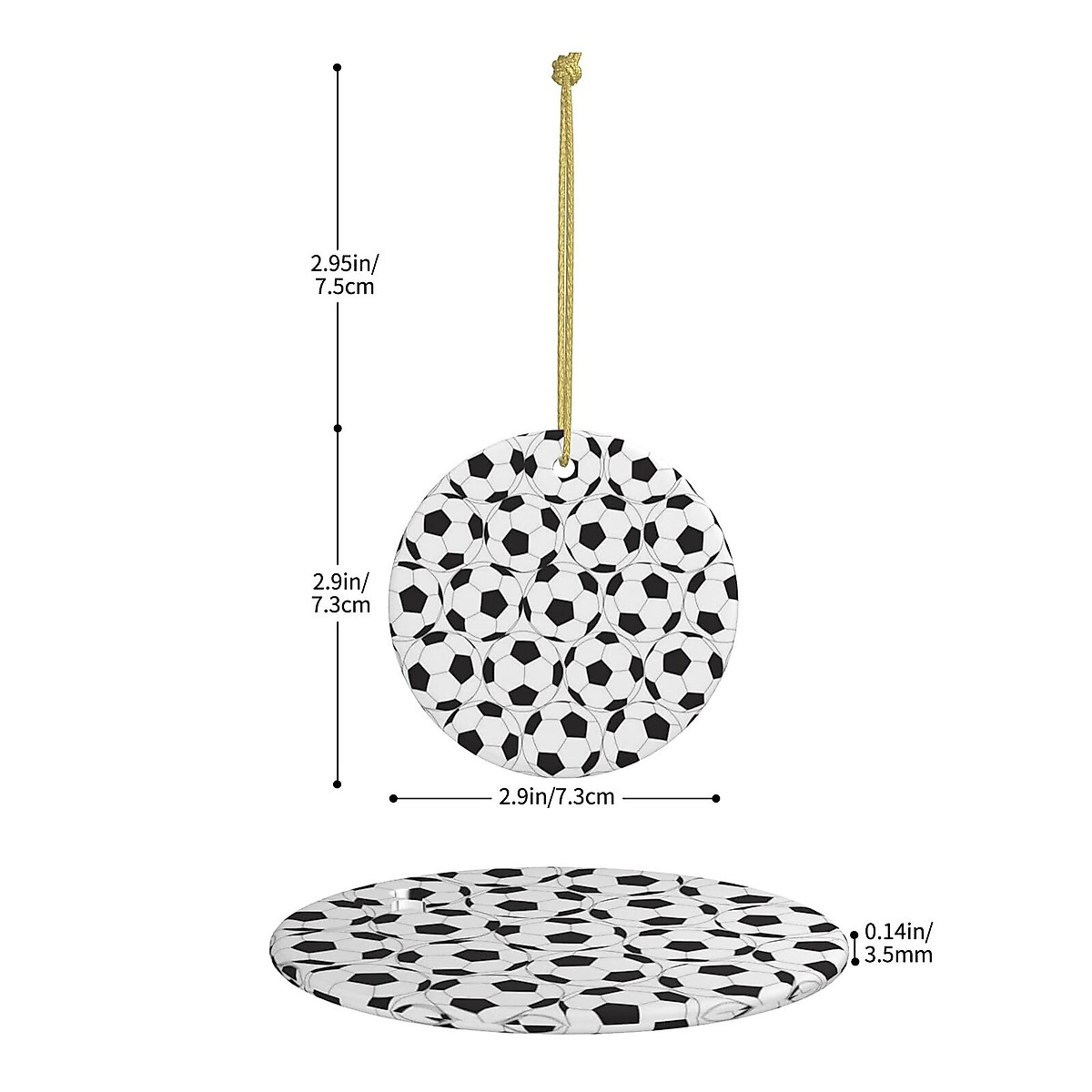 Black and White Soccer Ball Pattern Print Christmas Tree Ceramic Hanging Round Shaped Xmas Tree Pendants Gatherings Party Deco