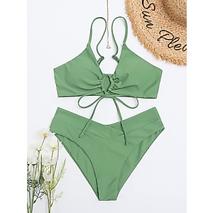 Meetall Sage Green High Cut Triangle Bikini Set Swimsuits for Women Sexy Cheeky String Brazilian Bathing Suits Two Piece Size M