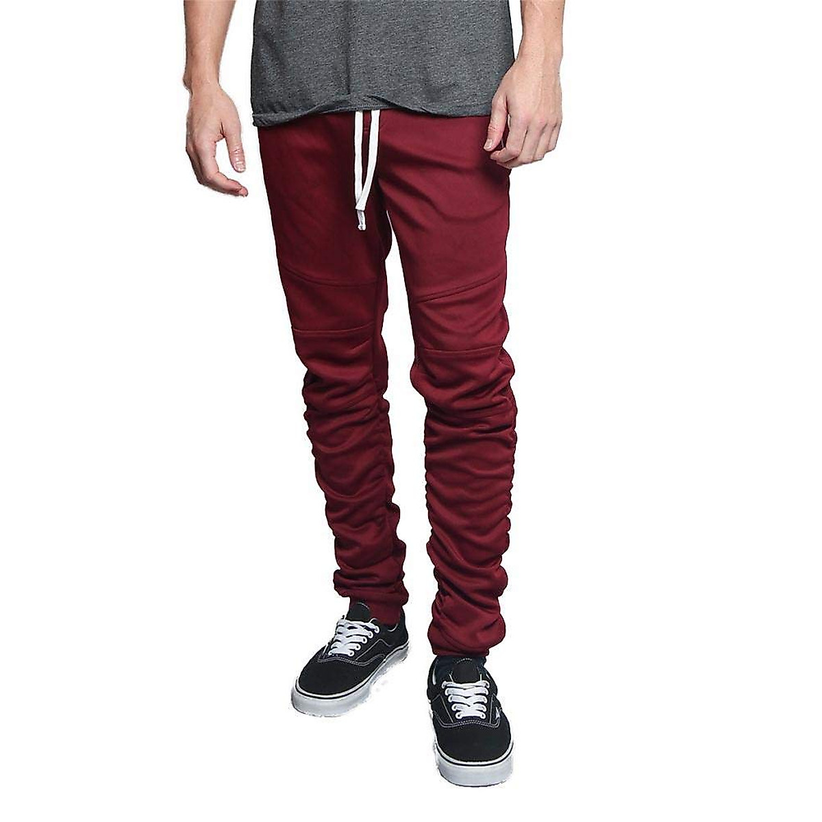 Men's Scrunched Bungee Calf Solid Color Sectional Knee Drawstring Premium Track Pants TR547 - Burgundy - 4X-Large - GG8E
