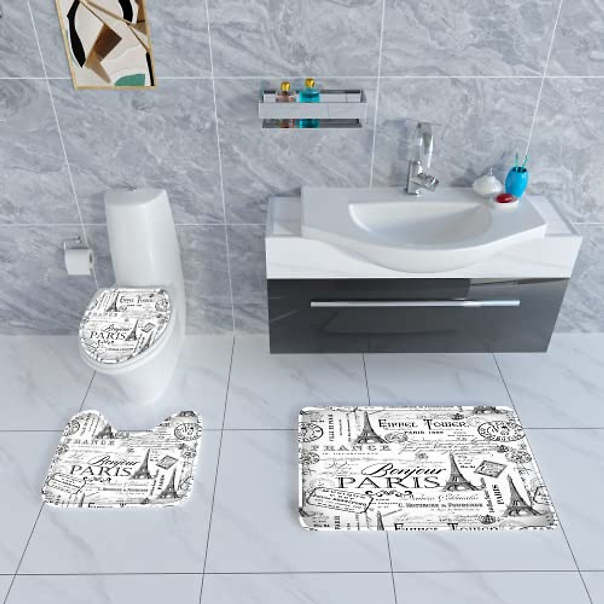 Blmiflwe 4Pcs Paris Shower Curtain Sets Bathroom Set Decor with Non-Slip Rugs Toilet Lid Cover Bath Mat,Paris Eiffel Tower Waterproof Bathroom Curtains Shower Set with 12 Hooks 65" x 70 "