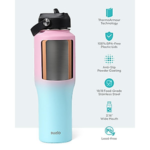 BUZIO Stainless Steel Water Bottle Vacuum Insulated (Cold for 48 Hrs, Hot for 24 Hrs),32oz Tumbler Travel Flask with Straw Lid and Flex Cap, Fit in Any Car Cup Holder,Bubble Gum