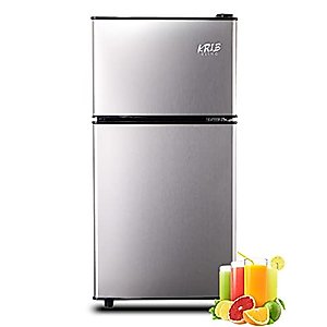 KRIB BLING Refrigerator with Freezer 3.5 Cu.Ft with 7 Level Adjustable Thermostat Control 2 Door Energy Saving Top-Freezer Compact Refrigerator Silver