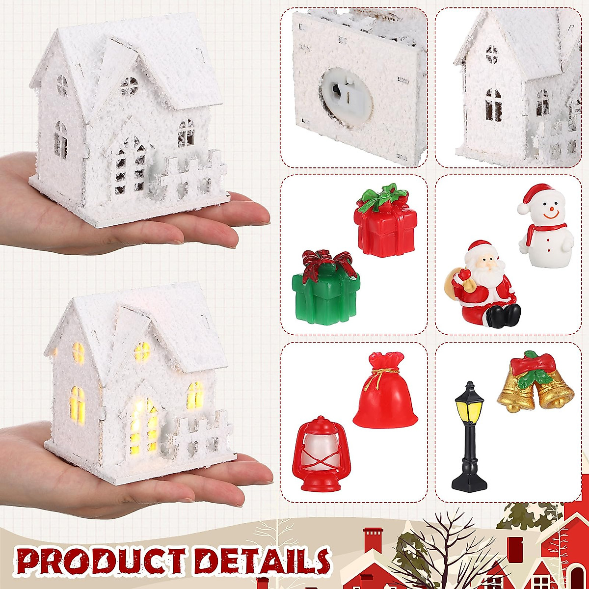 Soaoo 24 Pcs Christmas Village Set Xmas Scene Figurines Decoration LED Lighted DIY Christmas Village Miniature Resin Ornament Kits Christmas Collectable Figurine Winter Houses for Holiday Party Decor