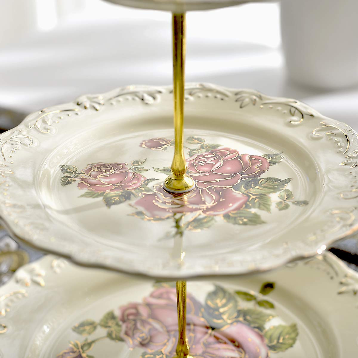 YOLIFE Red Rose Pattern 3 Tiered CupCake Stand, Emboss Golden Leaves Edge Porcelain 3 Tier Pastry Stand Desert Stand