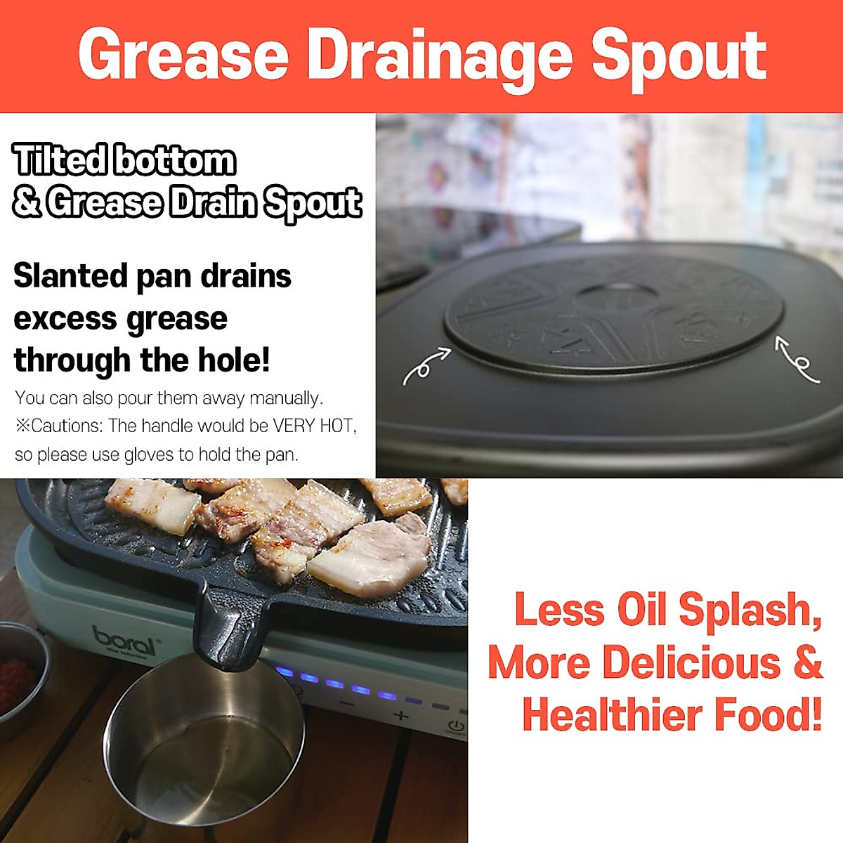 UPIT Korean BBQ Grill Pan - Induction Stovetop Compatible Aluminum Nonstick Indoor Skillet Portable Plate with Grease Draining Spout, 13-inch