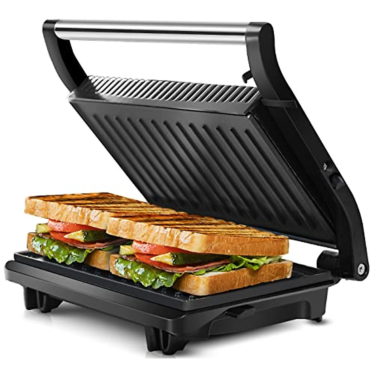 Panini Press Grill, Sandwich Maker with Non-stick Plates, Opens 180 Degrees for Any Size, Indicator Lights, Electric Indoor Grill by Aigostar, Sliver