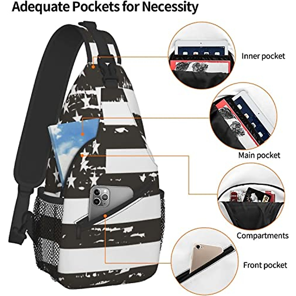 Sling Bag Vintage American USA Flag Patriotic Hiking Daypack Crossbody Shoulder Backpack Travel Chest Pack for Men Women