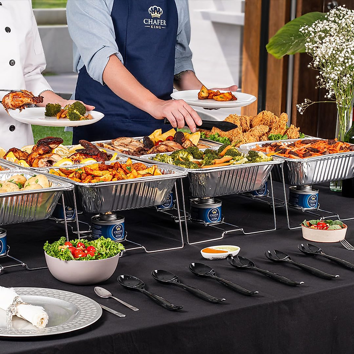 4 Full Size (For Price of 3) Disposable Buffet set with Spoons and Forks, Non-Stick Aluminum, Premium Chafing Dish Set for Events, Parties, Catering