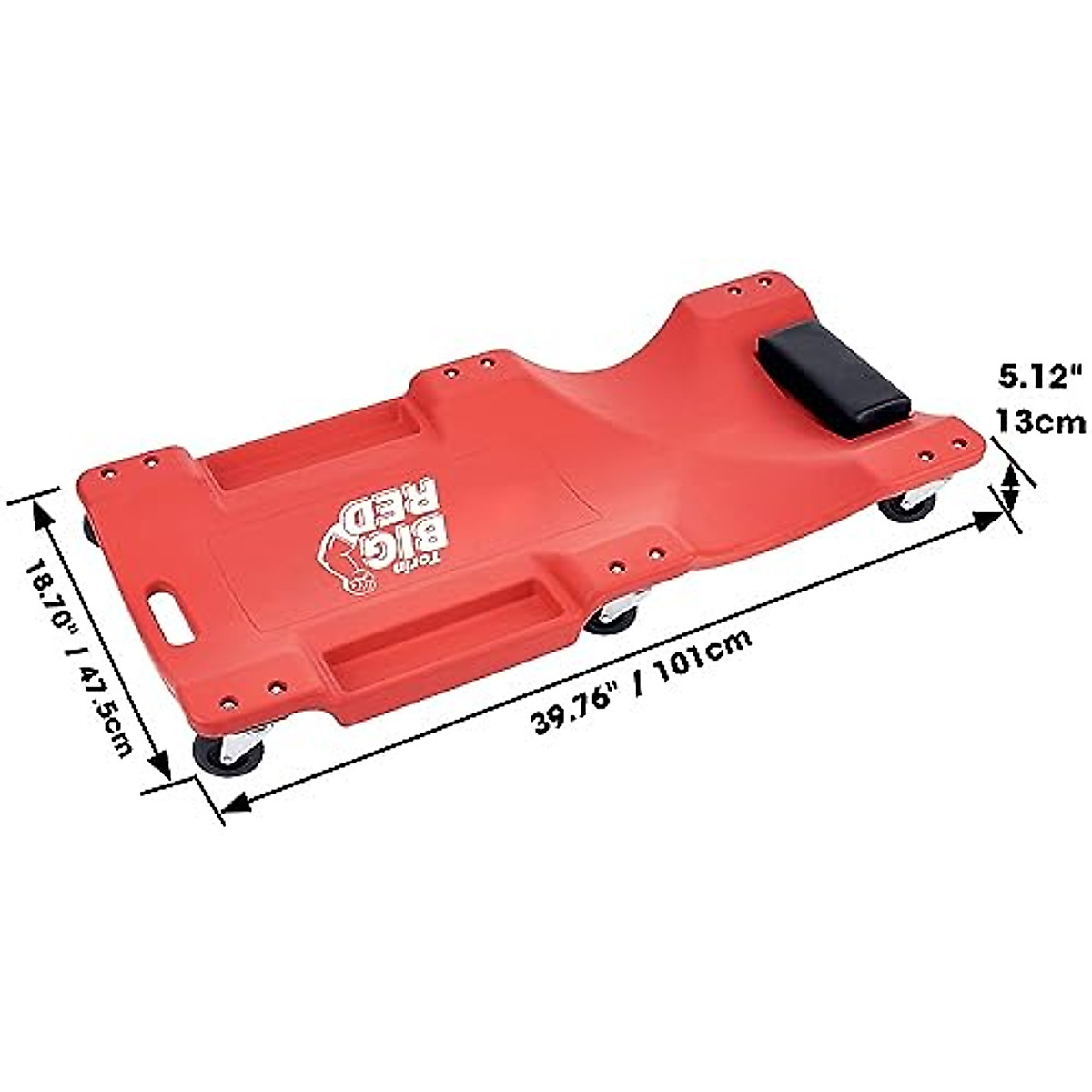 BIG RED TRP6240 Torin Blow Molded Plastic Rolling Garage/Shop Creeper: 40" Mechanic Cart with Padded Headrest, Dual Tool Trays and 6 Casters, Red
