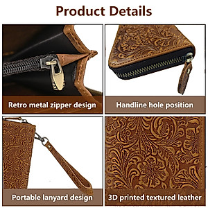 GUZUHUKU Vintage Embossed Zipper Wallet, Womens Wallets Large Capacity Detachable Wrist Strap Clutch Purses Perfect for Travel and Dating