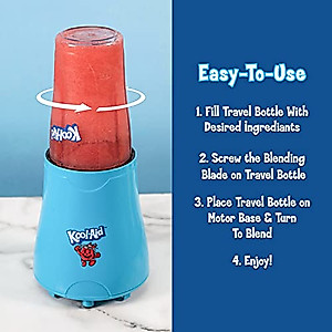 Nostalgia Kool-Aid Slush ‘N Go Personal Blender for Smoothies, Slushies, Shakes, and Fruit Blends, Includes Two 15 Oz Travel Bottles, Cup Lid, and Reusable Straw, Blue