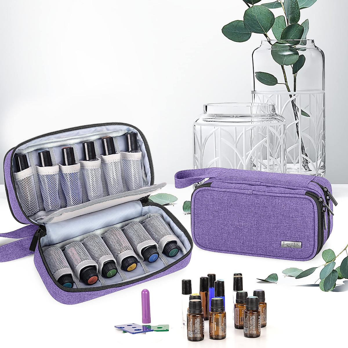 LUXJA Essential Oil Carrying Case - Holds 12 Bottles (5ml-15ml, Also Fits for Roller Bottles), Portable Double-Layer Organizer for Essential Oil and Accessories, Purple