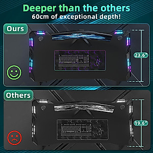 TIQLAB Gaming Desk with LED Lights, 40 Inch Computer Desk Z Shaped Gamer Workstation, Gaming Table with Carbon Fiber Surface, PC Gamer Desk, Black