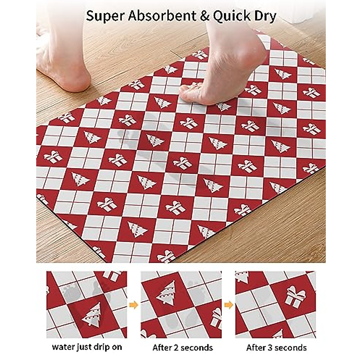 EZON-CH Bath Rugs, Quick Dry Indoor/Outdoor Rug Mat, Gift Diamond Christmas Elements Tile Pattern Rubber Non-Slip Absorbent Thin Doormat for Bathroom, Bedroom, Front Door, Kitchen 16"x24"