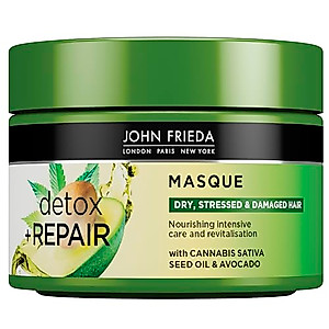 John Frieda Detox & Repair Masque 250 ml, Intensive Deep Conditioner for Dry, Stressed and Damaged Hair, Nourishing Hair Mask with Cannabis Sativa Seed Oil and Avocado