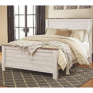 Ashley Furniture Willowton 65" W x 87" D Farmhouse Wood Queen Sized Panel Bed in Whitewash Finish