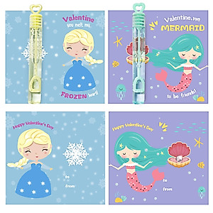Valentines Day Gifts for Kids - Valentines Day Cards for Kids - Mermaid Princess Valentine Card Bubble Wands 24 Pack - Valentine's Day Bubbles Party Favors Toys for Girls School Classroom Exchange