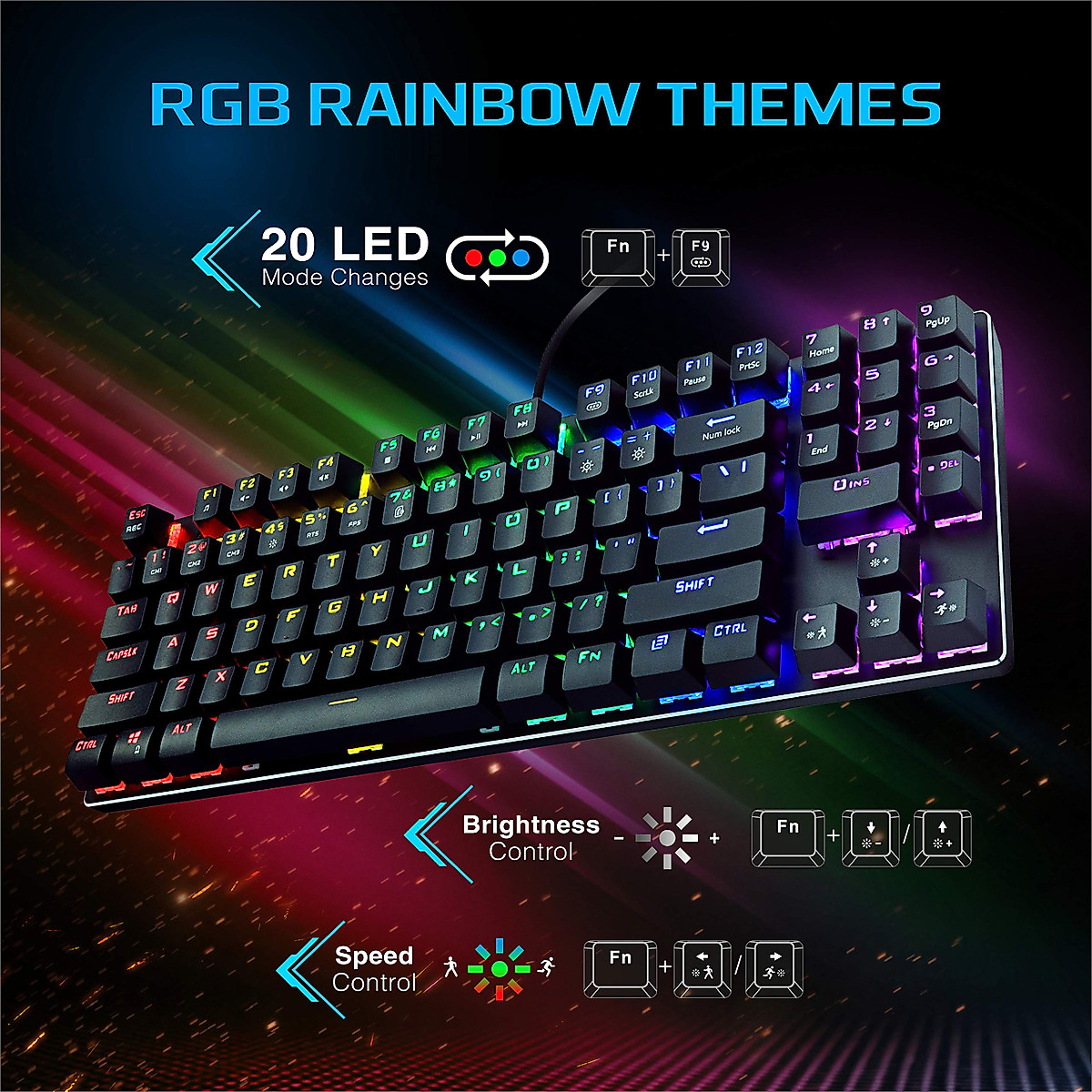 SHAVA TKL Mechanical Gaming Keyboard, Special 89 Keys Layout Keyboard with Numeric Keys, 100% Anti-Ghosting, RGB LED Rainbow Backlit, Tenkeyless Keyboard for Windows PC/Mac Games (Blue Switch)