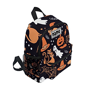 Glaphy Custom Kid's Name Backpack, Halloween Orange Black Cats Pumpkin Bats Ghosts Toddler Backpack for Daycare Travel, Personalized Name Preschool Bookbags for Boys Girls