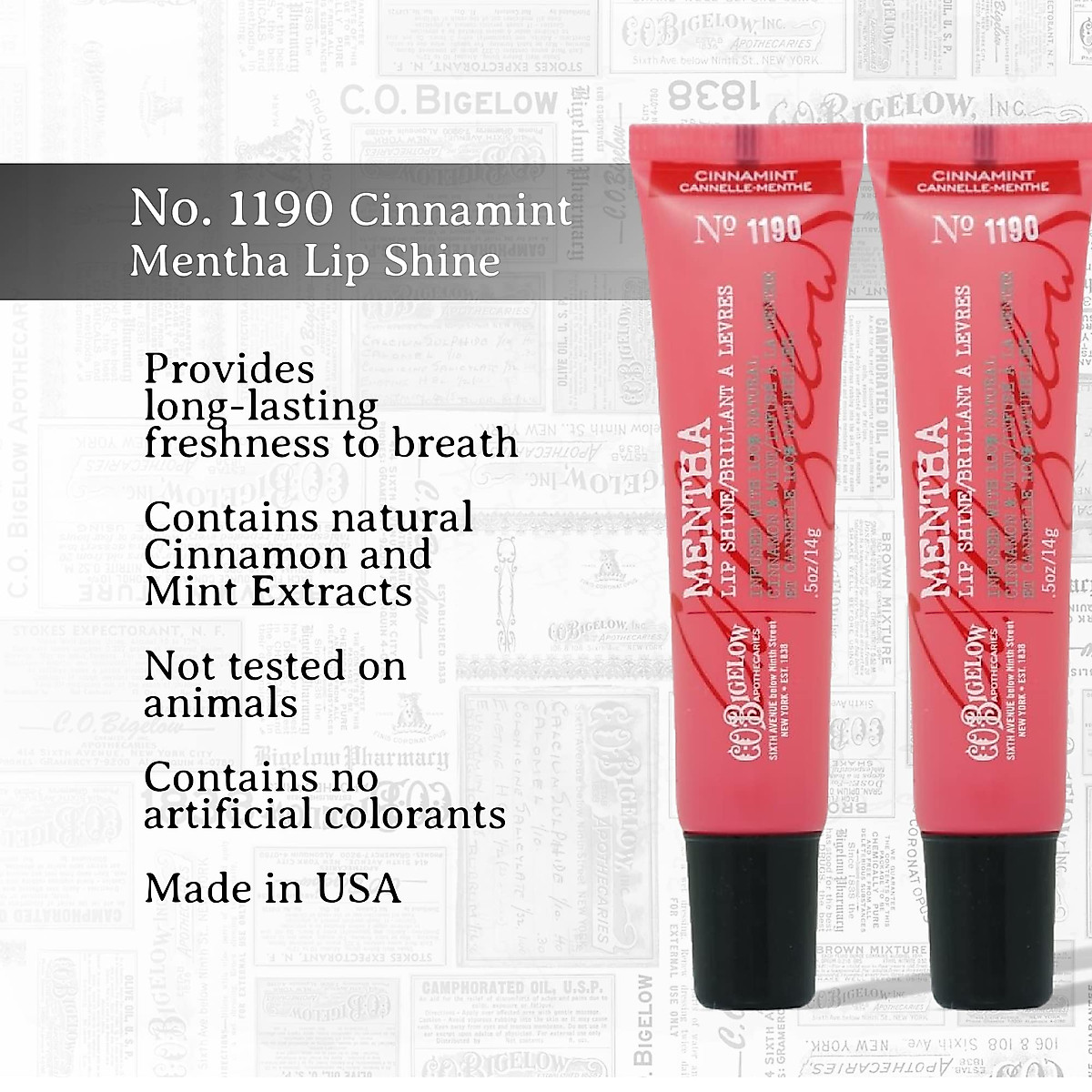 C.O. Bigelow Cinnamint Mentha Lip Shine Lip Balm Trio, Lip Gloss & Balm Tubes, 3 Pack, 0.5 oz / 14g each