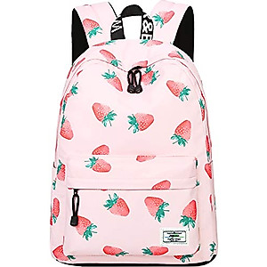 MIRLEWAIY 15.7 inch Water-resistent Large Capacity Travel Laptop Backpack Lightweight Primary Junior School Bag for Teen Girls, Pink Strawberry