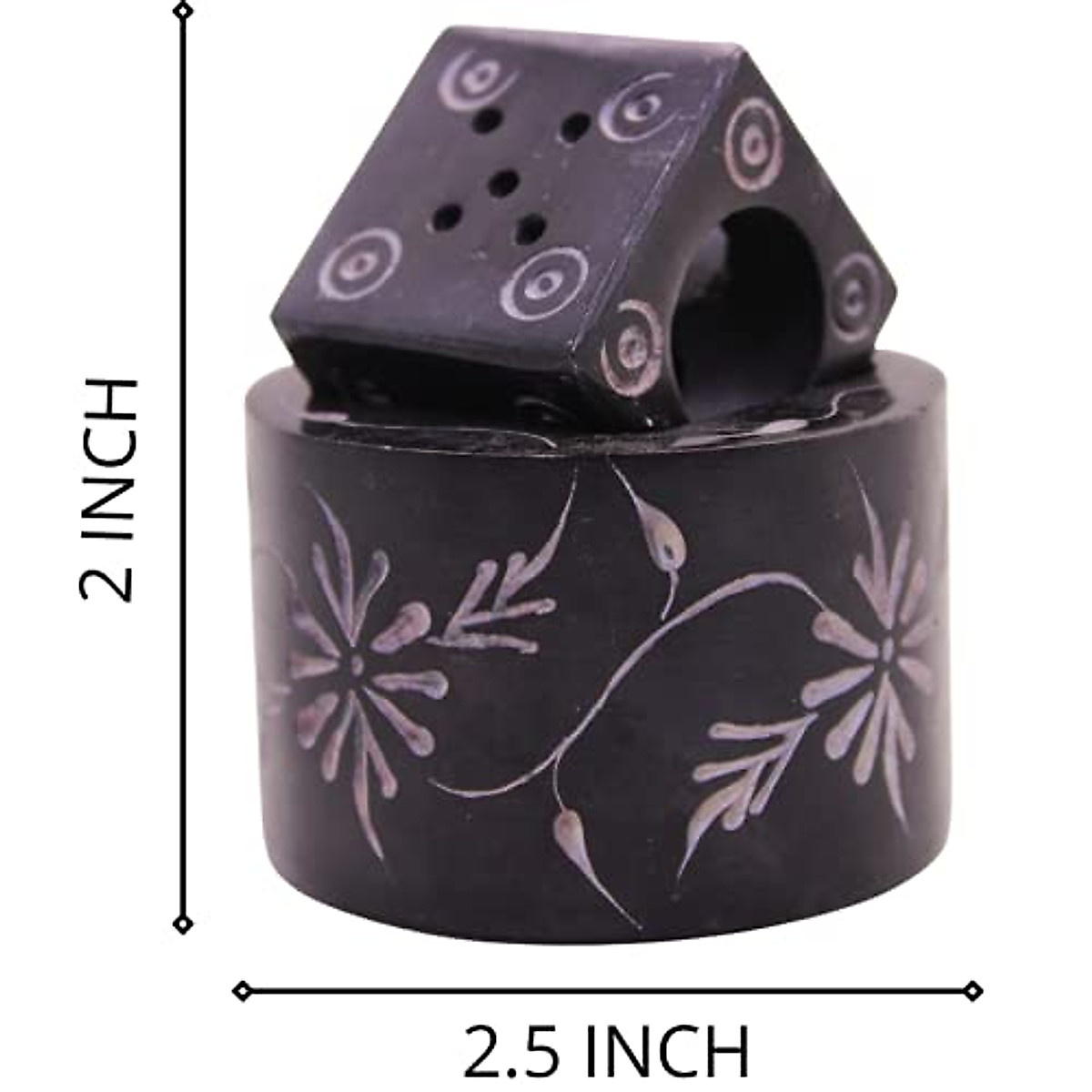 KC KULLICRAFT Hand Carved Black Soapstone Incense Holder | Candle Stick Burner | Tea Light Stand. Decorative Round Shape Carving for Home and Office Decor. (2.5 x 2.5 x 2 Inches)