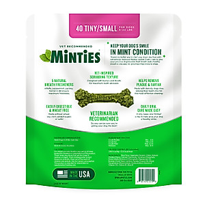 Minties Dental Chews for Dogs, 40 Count, Vet-Recommended Mint-Flavored Dental Treats for Tiny/Small Dogs 5-24 lbs, Dental Bones Clean Teeth, Fight Bad Breath, and Removes Plaque and Tartar
