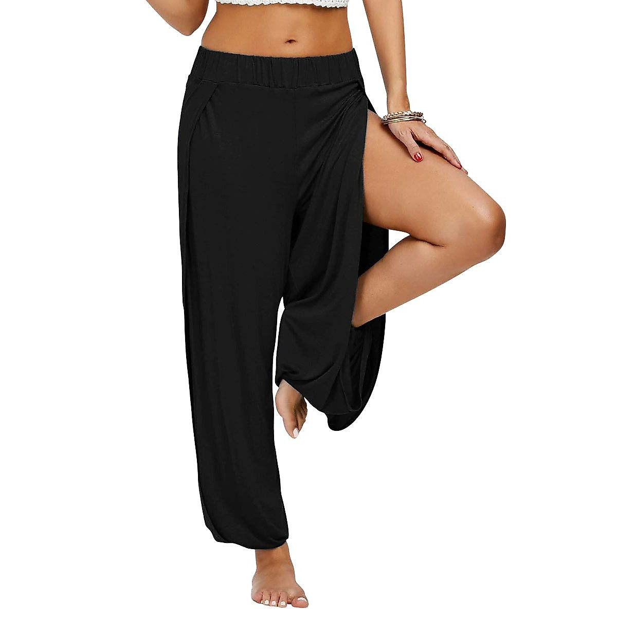 PACBREEZE Women's Yoga Harem Pants Side Slit Joggers Active Workout Sweatpants Beach Cover-up Pants(Black, Small)