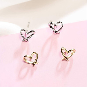 Minimalist Gold Heart Sterling Silver Earrings for Women Girls Charm Hollow Love Hearted Stud Tiny Small Cartilage Tragus Post Pin Hypoallergenic Pierced Ear Christmas Birthday Halloween Thanksgiving Jewelry Gifts