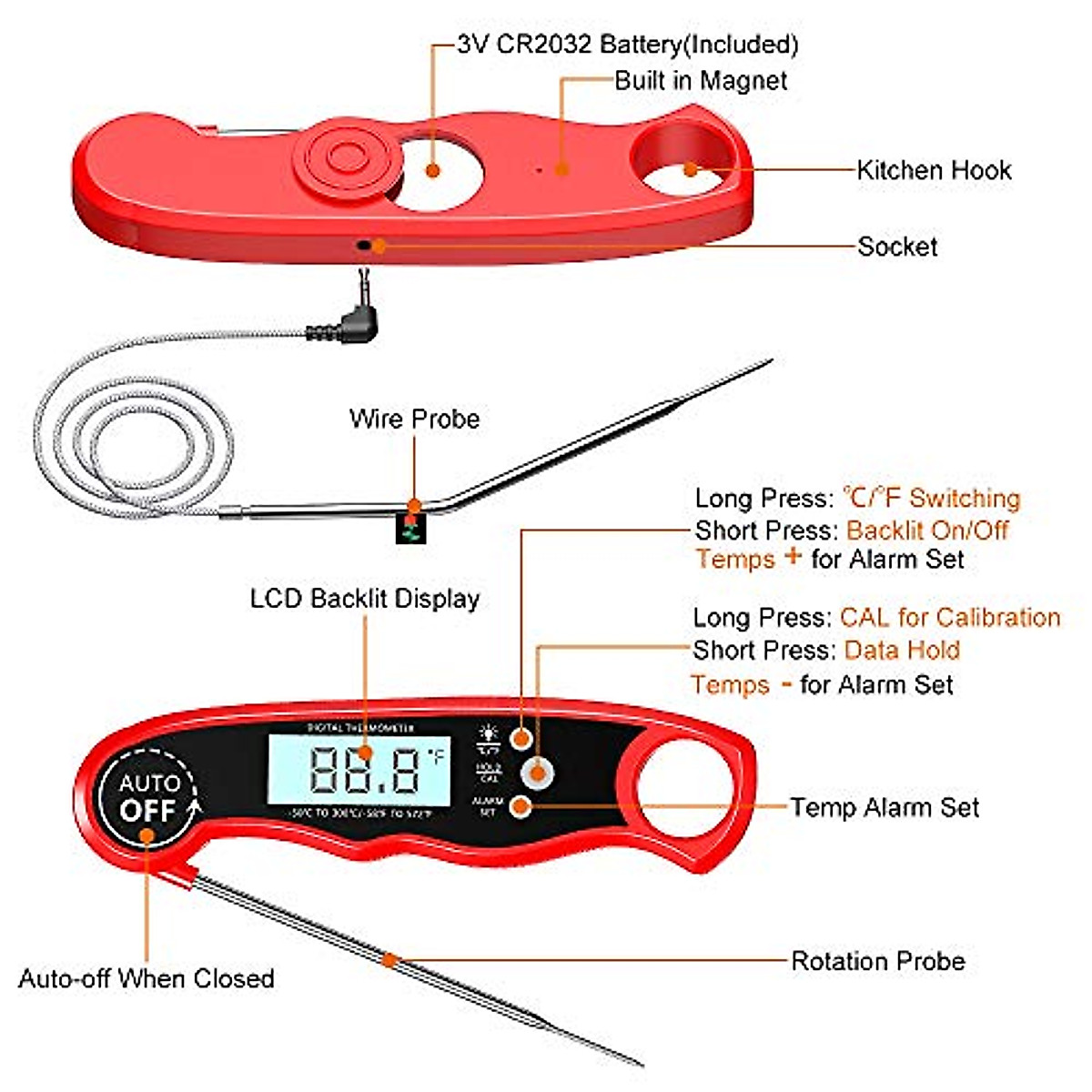 COMSOON Digital Meat Thermometer, Instant Read Cooking Thermometer with Dual Probe, Kitchen Food Thermometer with Alarm Setting, Backlight & Magnet for BBQ Grill Smoker Oven Oil Candy-Red