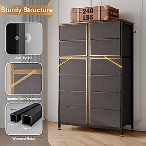 YaFiti Dresser for Bedroom, 12 Drawers with Wooden Top, Fabric Bins, Hooks and Metal Frame, Tall Chest of Drawers for Living Room, Hallway, Rustic Brown