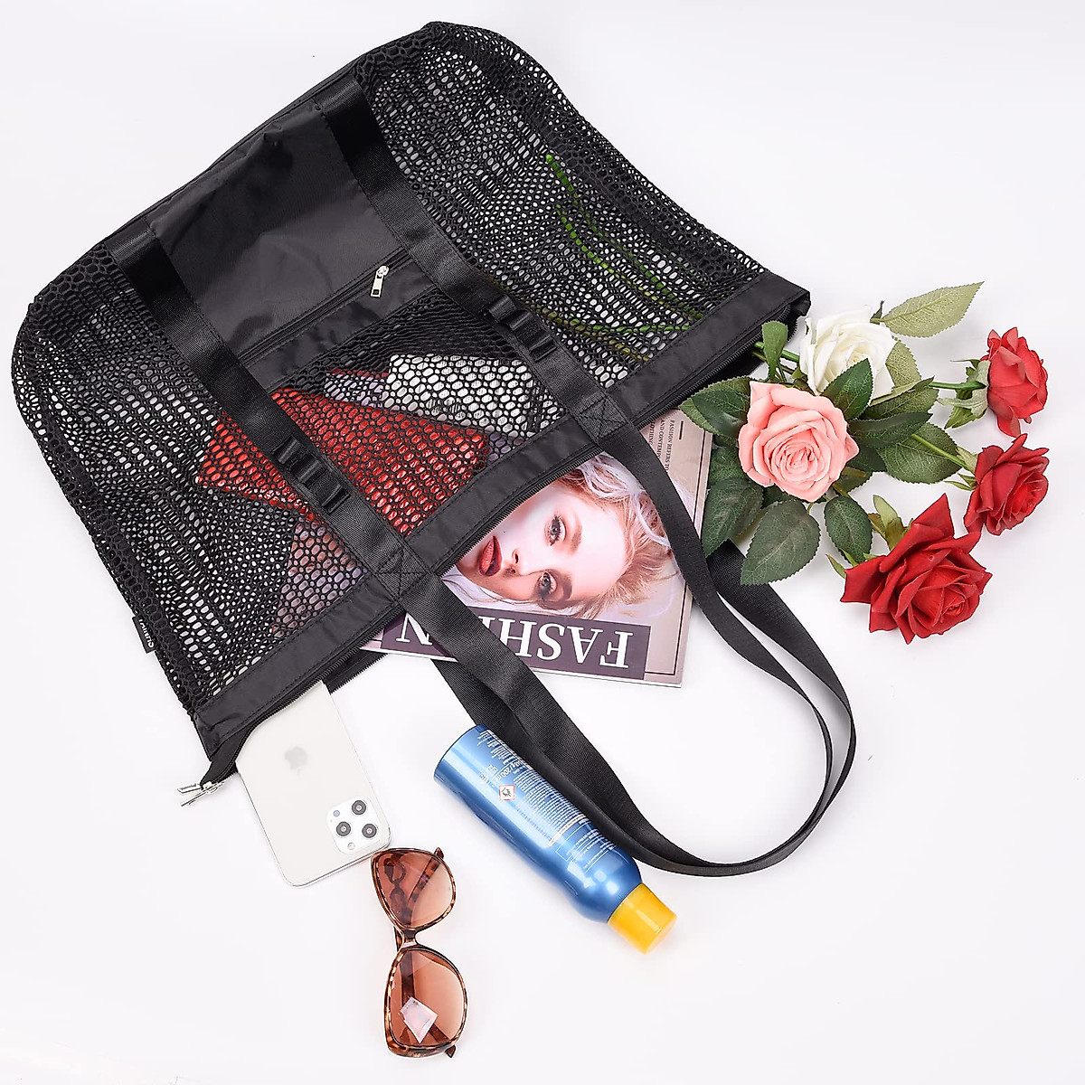 Tainehs Mesh Beach Tote Large Zipper Bag Shopping bags Grocery bag 2023 Upgrade for Women with Multiple Pockets for Family Shopping Travel Swimming Waterproof Pool Bag Black