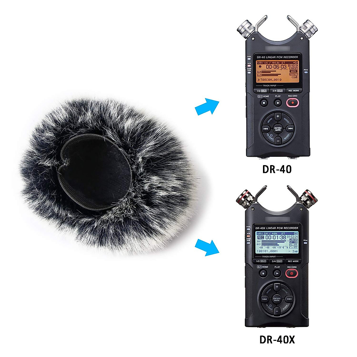 YOUSHARES DR40X Windscreen Muff for Tascam DR-40X DR-40 Portable Recorders, DR40 Mic Deadcat Windshield Windscreen Artificial Fur Wind Screen