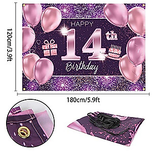 PAKBOOM Happy 14th Birthday Banner Backdrop - 14 Birthday Party Decorations Supplies for Girl - Pink Purple Gold 4 x 6ft