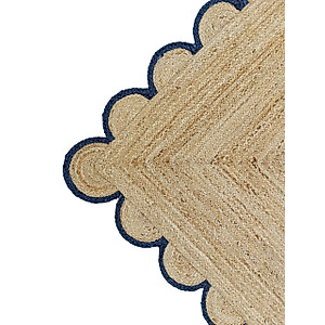 Weaving Village Scalloped Natural Jute Area Rug, Navy Trim, 2x3
