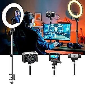 Computer Streaming Ring Light with Desk Mount Stand for Video Conferencing Recording/Zoom Meeting/Calls/Makeup-12''LED Desktop Circle Lighting with Clamp Stand&Phone Holder for Phone/Webcam/Camera