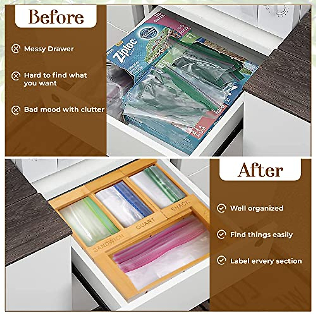 EGO VINA Ziplock Bag Storage Organizer – 4-in-1 Bamboo Ziplock Bag Organizer for Drawer – Baggie Organizer for Quart, Gallon, Snack, Sandwich Bags – Ziplock Bag Holder for Kitchen Drawer Organization