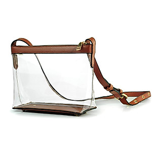 Clear Zipper Cross Body Bag with Vegan Leather Trim (Brown) Small