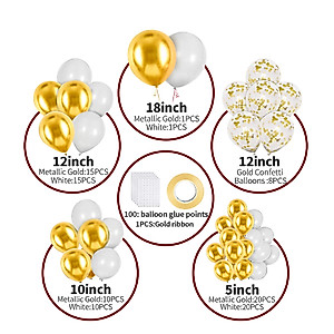 White Gold Balloon Garland Kit 100pcs 18Inch 12Inch 10Inch 5Inch with White Metallic Chrome Gold and White Gold Confetti Balloons for Bridal Shower Birthday Party Graduation Decorations