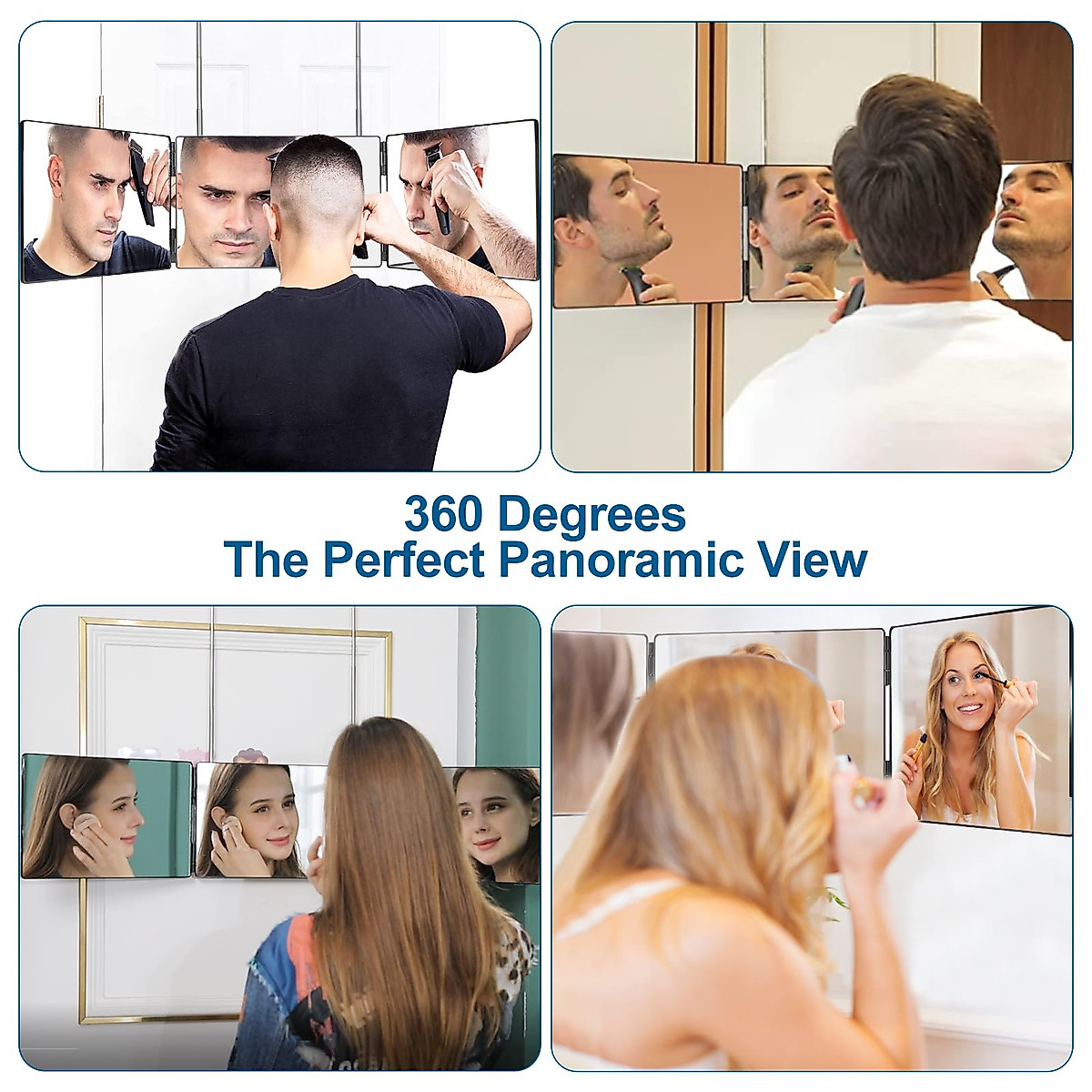 3 Way Trifold Haircut Mirror, 360 Degree Mirror for Hair Cutting, Shaving, Grooming, Hair Styling, Dye Hair and Makeup with Adjustable Height Brackets, Portable for Travel, Bedrooms, Bathroom (Black)