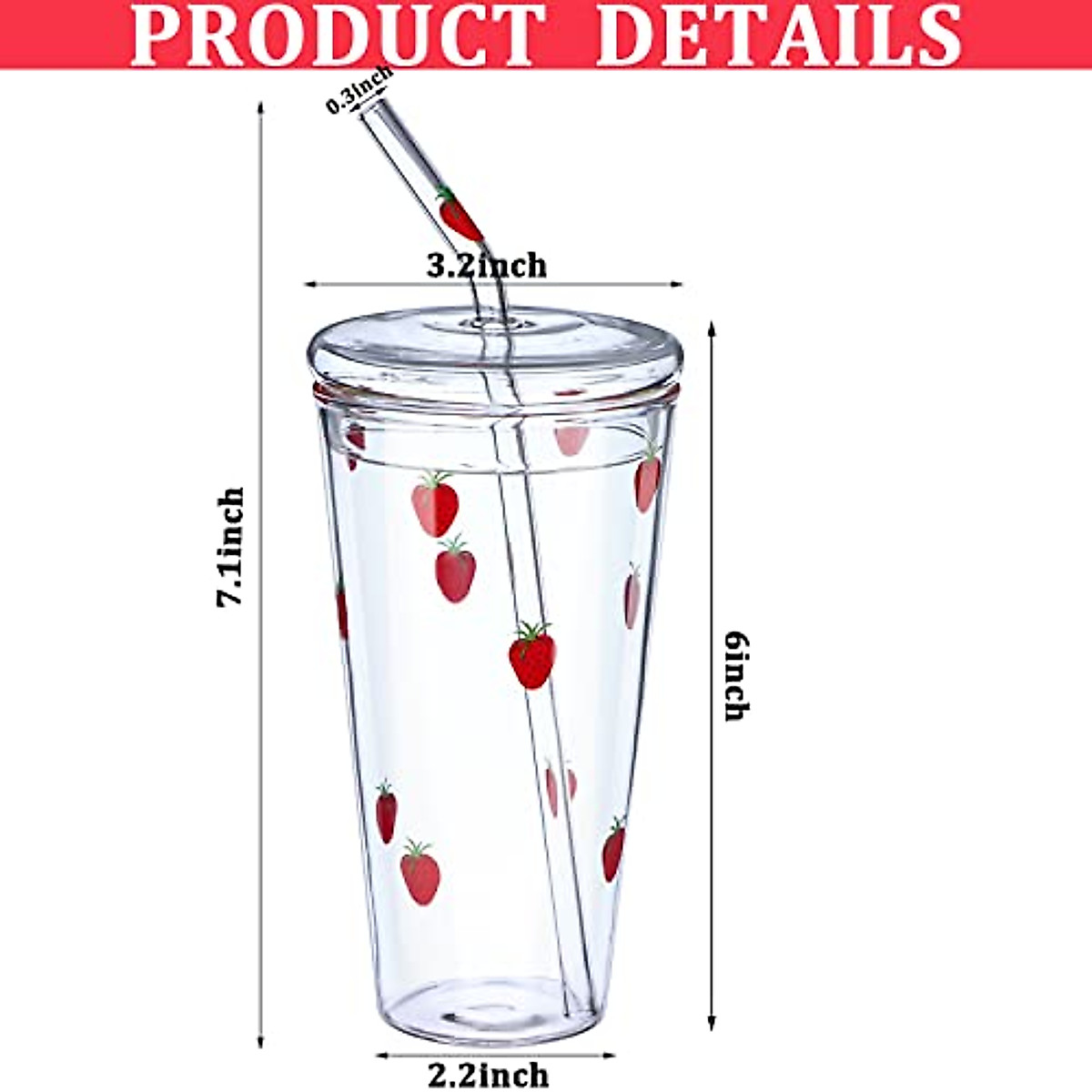 XIDAJIE 17Oz Large Glass Water Bottle With Straw Lid Clear Water Bottle With Straw Strawberry Cup Strawberry Water Bottle Kawaii Cups For Coffee Juice Drinking Water Mug