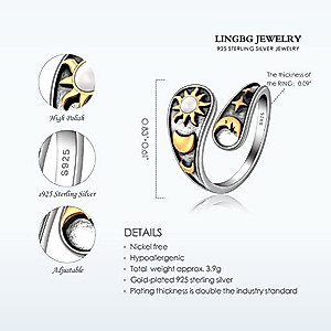 Sun and Moon Star Spoon Rings for Women 925 Sterling Silver Adjustable Thumb Spoon Rings Engagement Statement Boho Vintage Finger Open Spoon Rings Jewelry Gifts