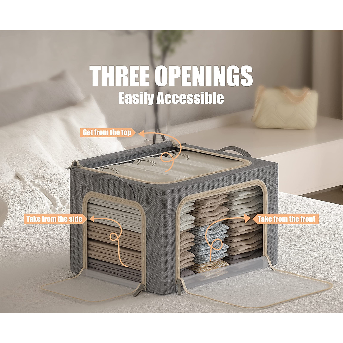 3 Openings Clothes Storage Bins with Metal Frame, Foldable Storage Bin for Clothes, Clothing Storage Bins with Lid, Linen Storage Box With Clear Window＆ Zippers＆ Durable Handles.(3 Pcs,Light Grey,40L)
