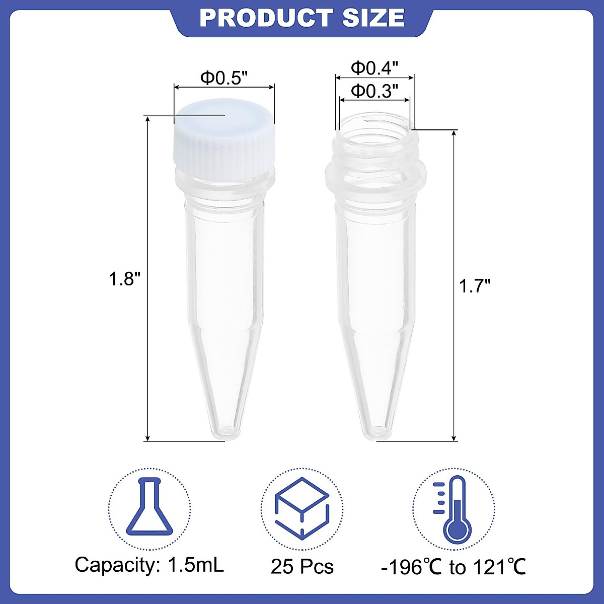 PATIKIL 1.5ml Plastic Cryogenic, 25Pcs Cryogenic Vial Screw Top Frozen Test Tube for Lab Laboratory Science, White Cap