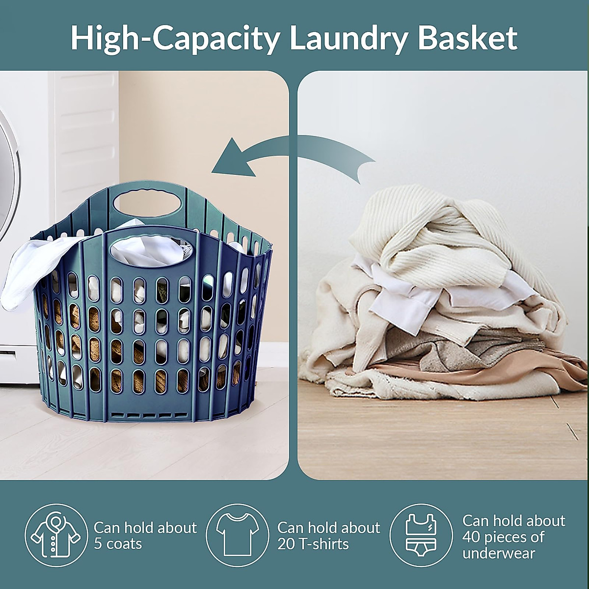 YARWAYER 2 Pack Laundry Hampers, Collapsible Plastic Laundry Basket, Shopping Bag with Carry Handle, Foldable Washing Bin Kitchen Storage for Bathroom, Camping, Supermarket and Car Trunk, Blue