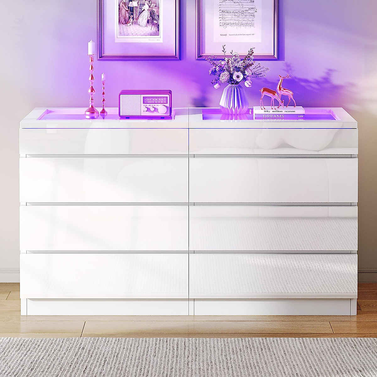 DWVO 8 Drawer Dresser with LED, White Dresser, Modern 8 Chest of Drawers with Deep Drawers Glass Top High Gloss Surface, Storage Organizer Cabinet for Living Room
