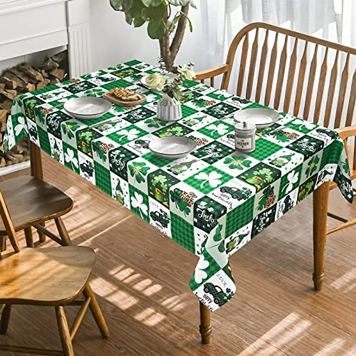NatuBeau St. Patrick’s Day Tablecloth Rectangle 60x84 Inch, Gnomes Buffalo Plaid Shamrock Table Cloth for St Patricks Day, Lucky Green Shamrock Table Cover for Dinning Room Kitchen Party Decor