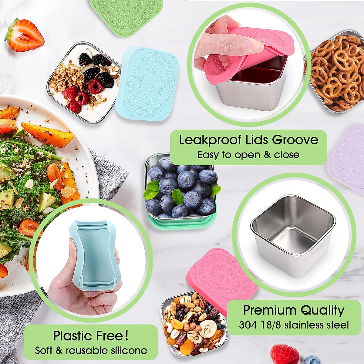 6PACK 6OZ Stainless Steel Snack Containers, Leak Proof 304 Stainless Steel Sauce Food Lunch Box Storage Containers with Silicone Lids Stackable Reusable Small Metal Lunch Bento Boxes Set, Easy Open